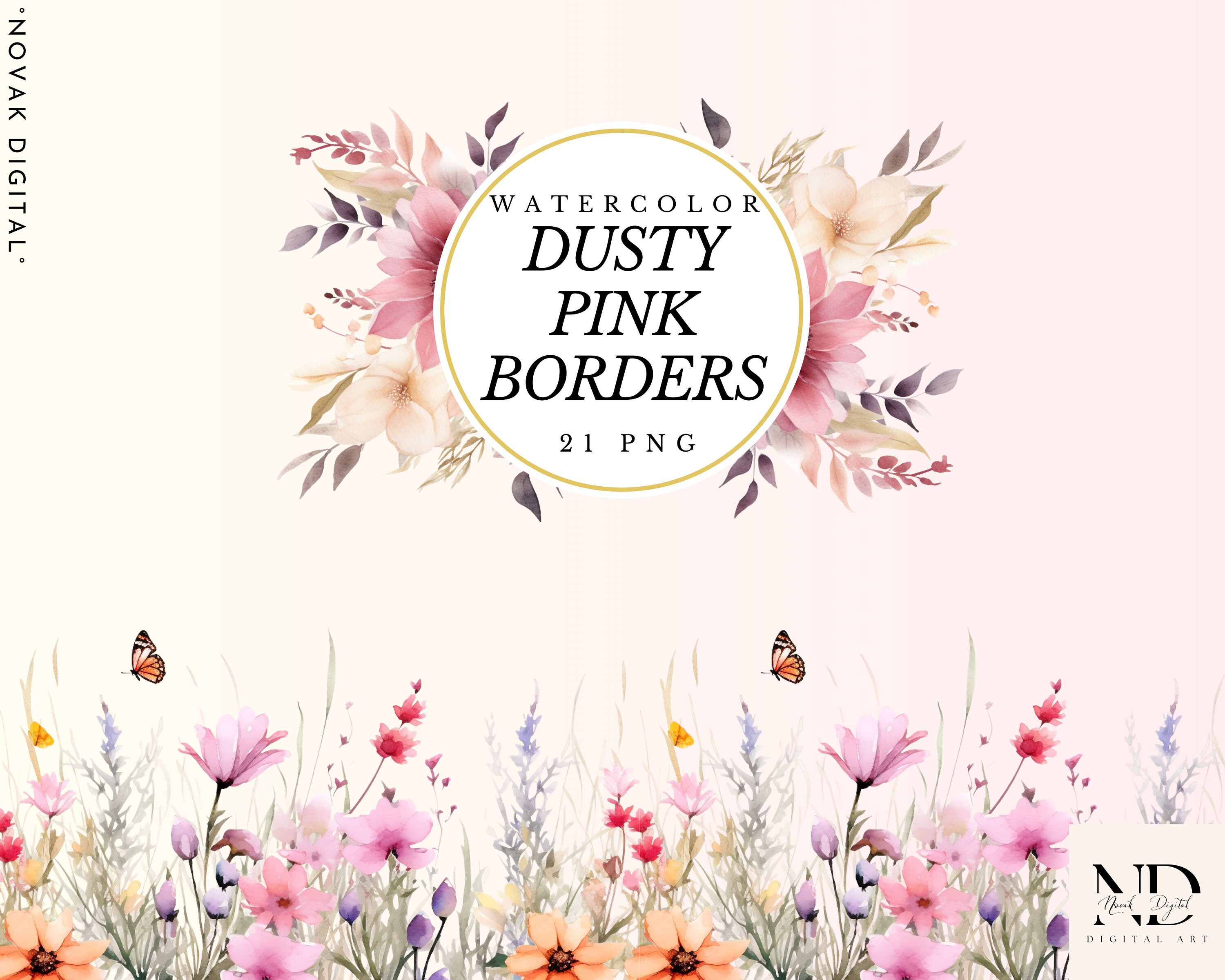 Watercolor Floral Pink & Yellow Borders Clipart 42 PNG Watercolor ...