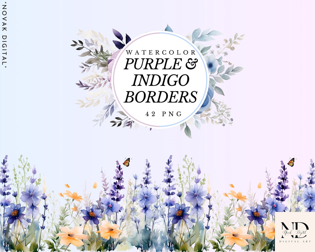 Watercolor Floral Purple & Indigo Borders Clipart 42 PNG Watercolor ...