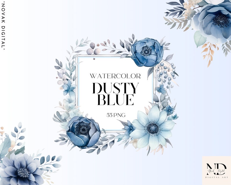 Watercolor Dusty Blue Floral Clipart PNG Graphic Bundle, Blue Flowers ...
