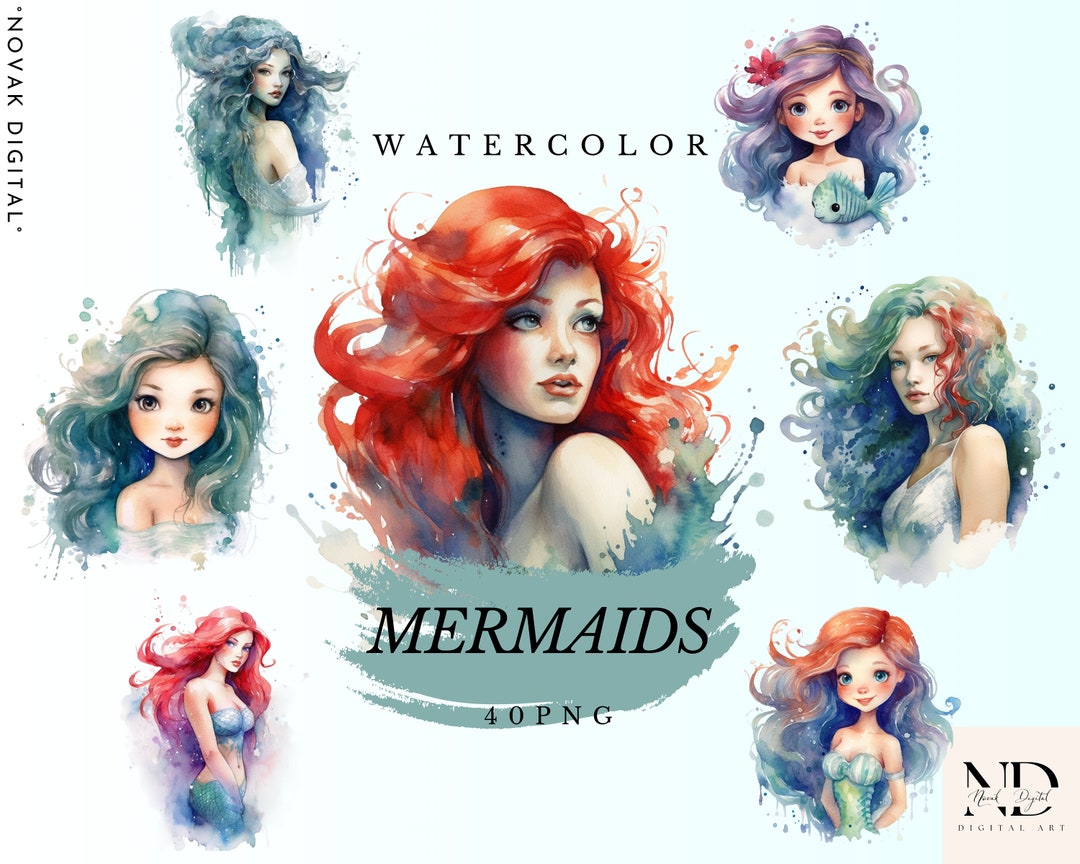 Watercolor Mermaids Clipart Bundle Png SVG - Little Mermaid SVG ...
