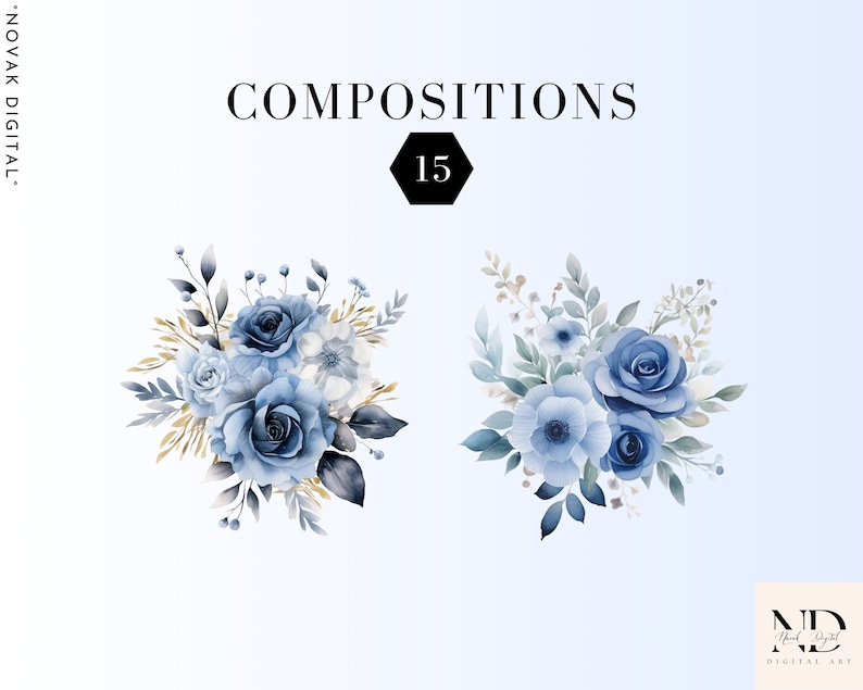 Watercolor Dusty Blue Floral Clipart PNG Graphic Bundle, Blue Flowers ...