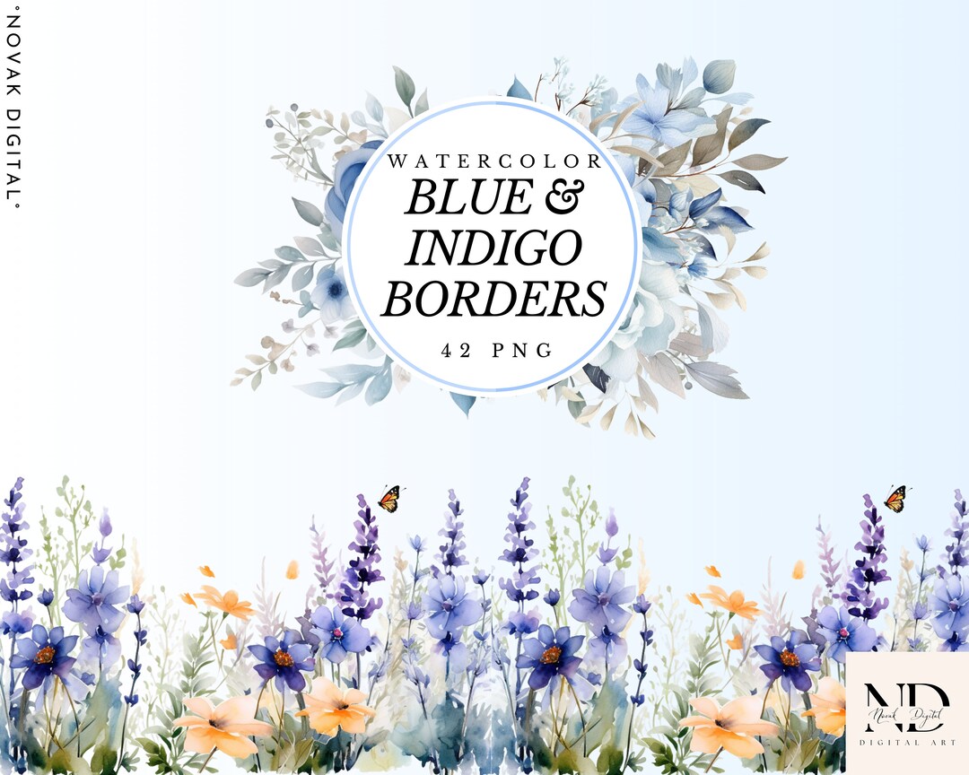 Watercolor Floral Blue & Indigo Borders Clipart 42 PNG Watercolor ...