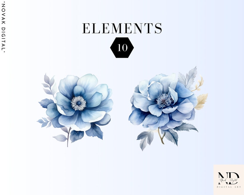 Watercolor Dusty Blue Floral Clipart PNG Graphic Bundle, Blue Flowers ...