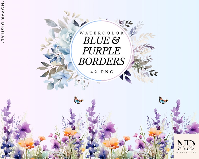Watercolor Floral Blue & Purple Borders Clipart 42 PNG Watercolor ...