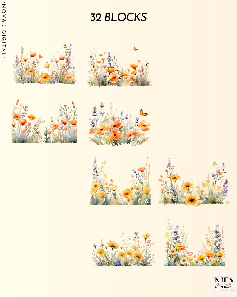 Watercolor Floral Borders Clipart: Orange & Yellow Flowers, 42 PNG ...