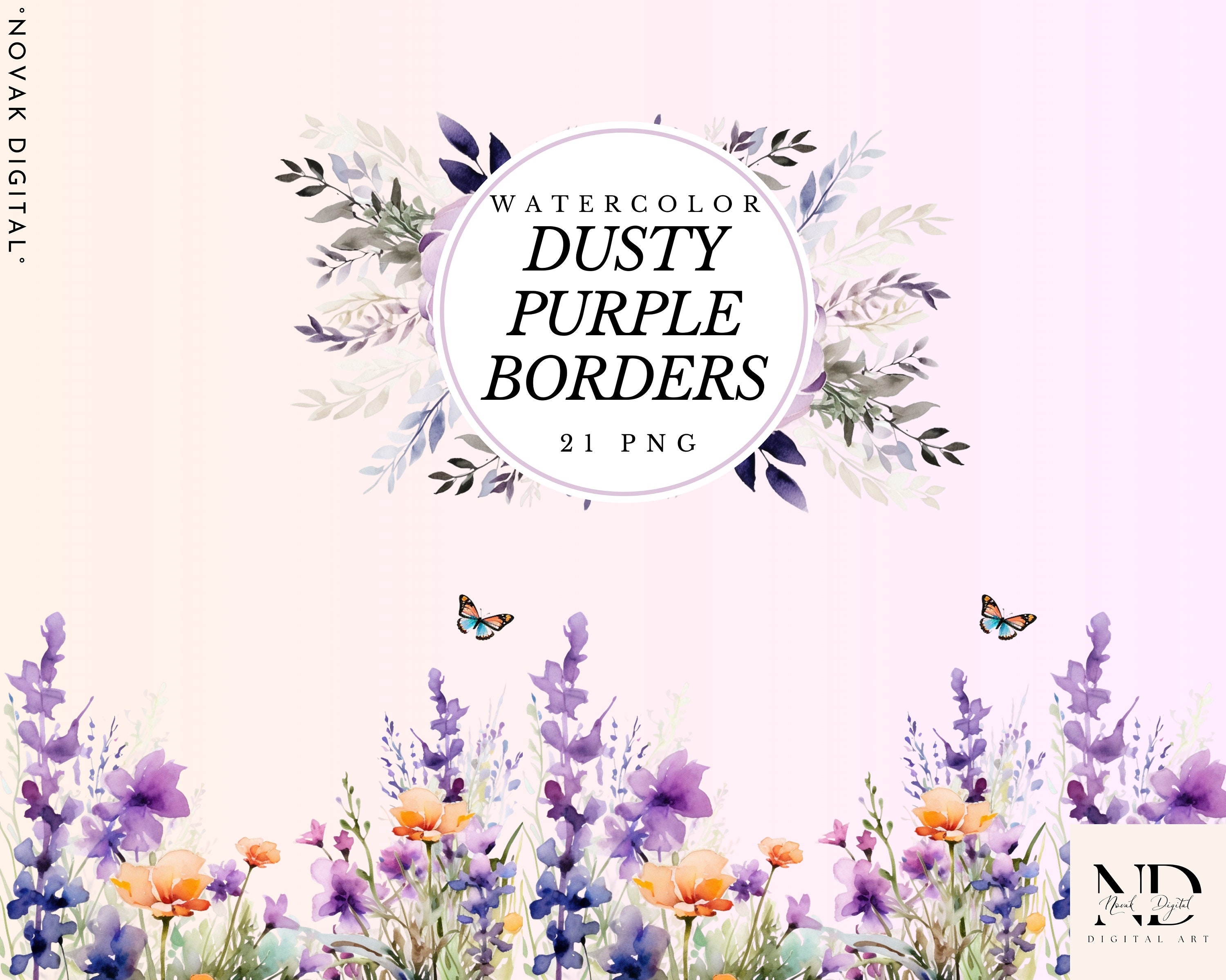 Watercolor Floral Borders Clipart: Purple & Orange, 42 PNG (digital ...