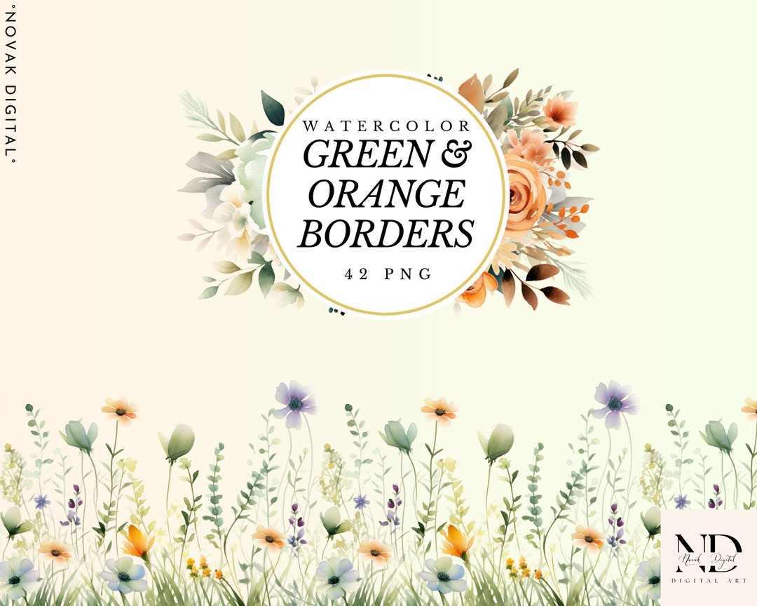Watercolor Floral Orange & Green Borders Clipart 42 PNG Watercolor ...
