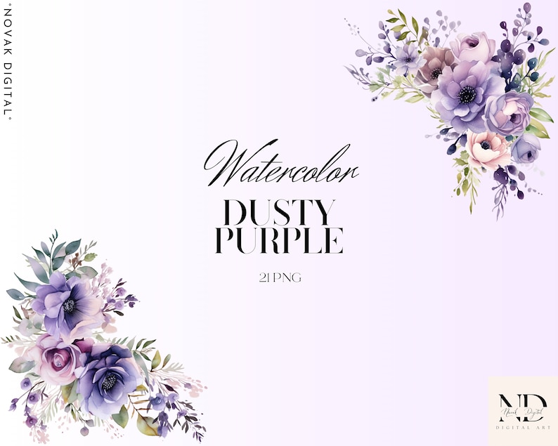 Watercolor Dusty Purple Floral Clipart Set (PNG) - Etsy