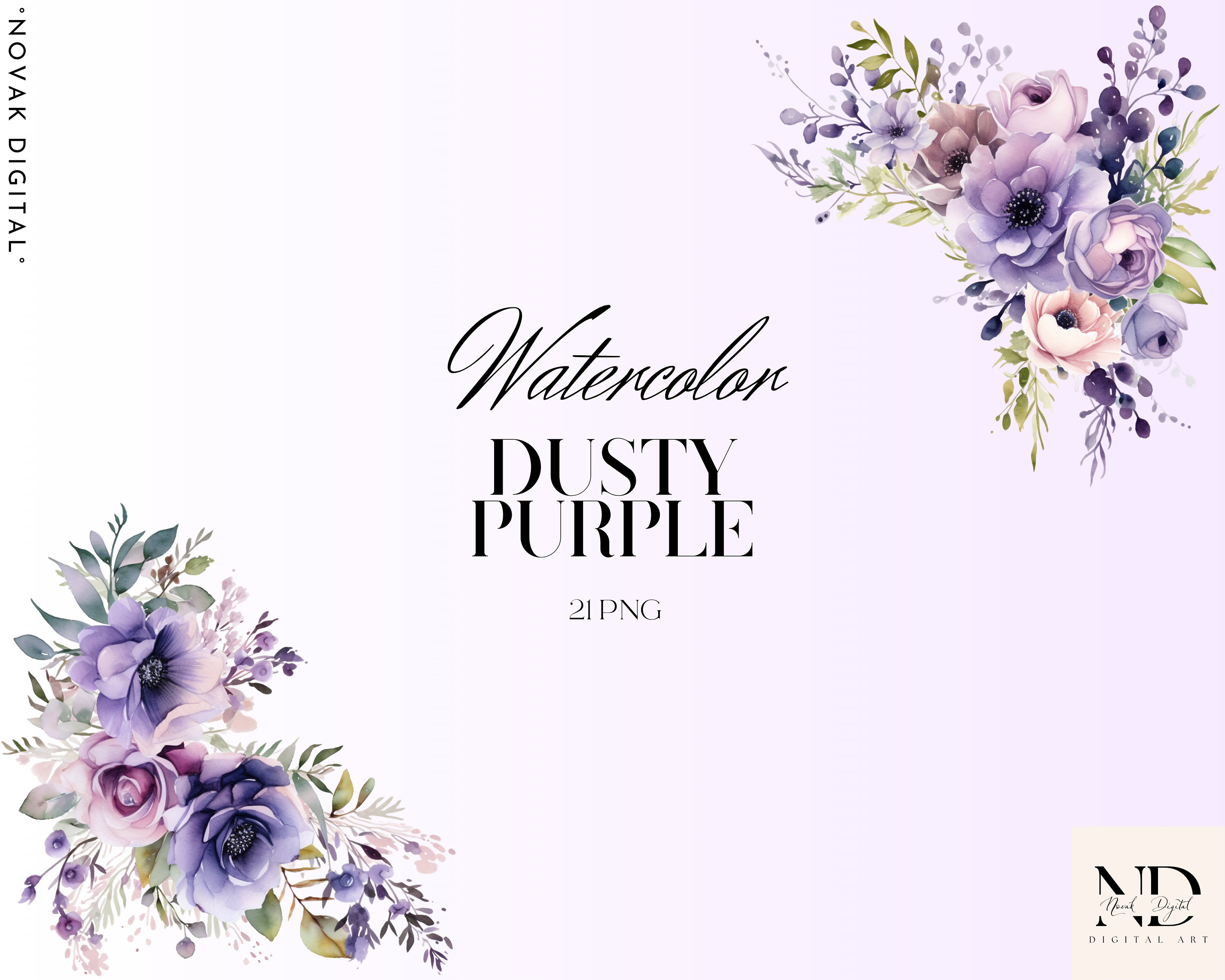 Watercolor Dusty Purple Floral Clipart PNG Set of 21 , Purple Flowers ...