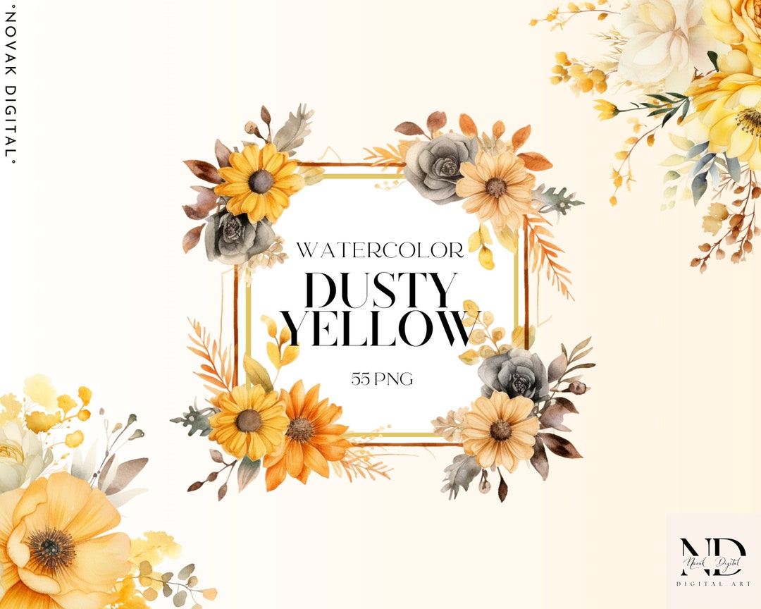 Watercolor Dusty Yellow Floral Clipart PNG Graphic Bundle, Flowers ...