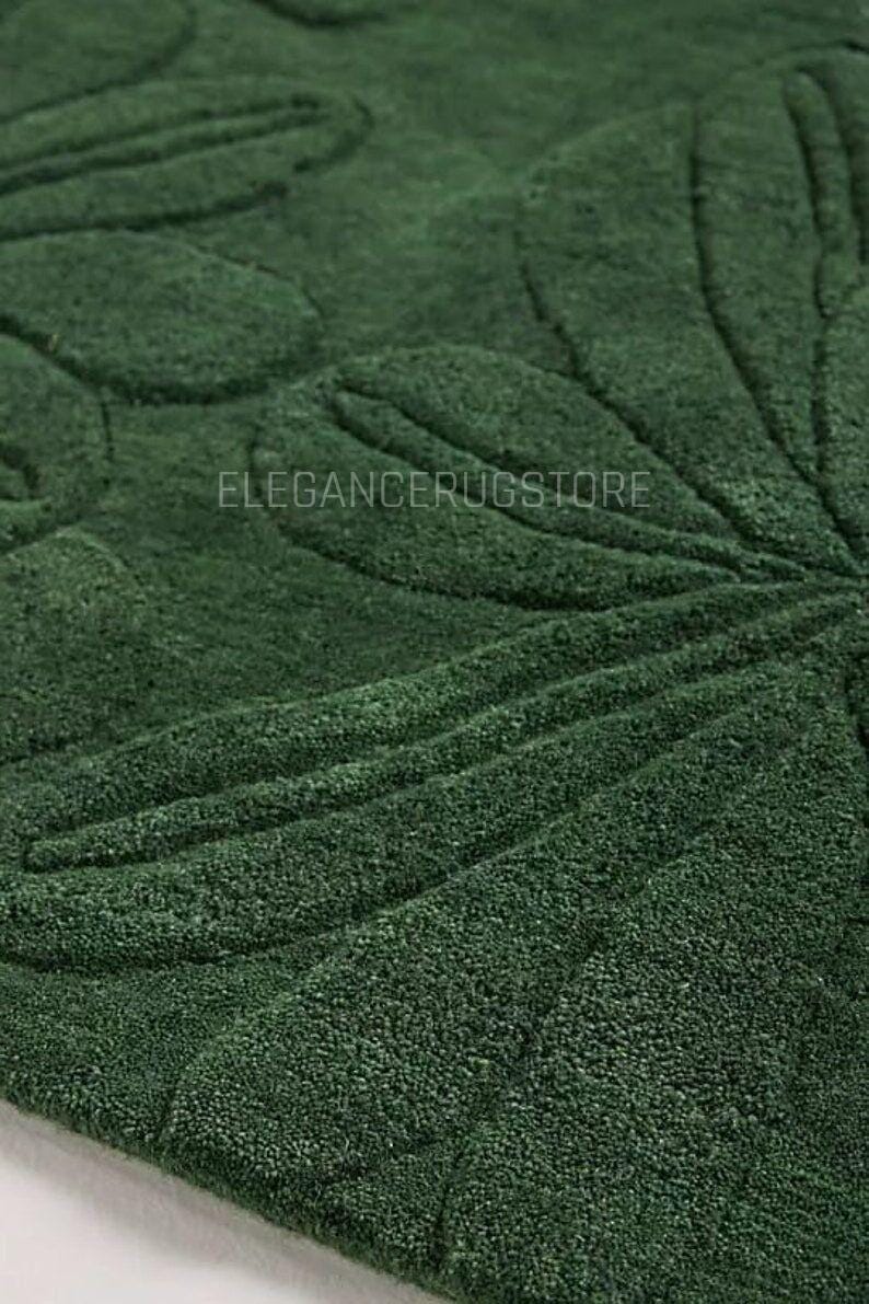Carved Floral Green Hand-tufted Area Rug, Soft Wool Rug for Bedroom ...