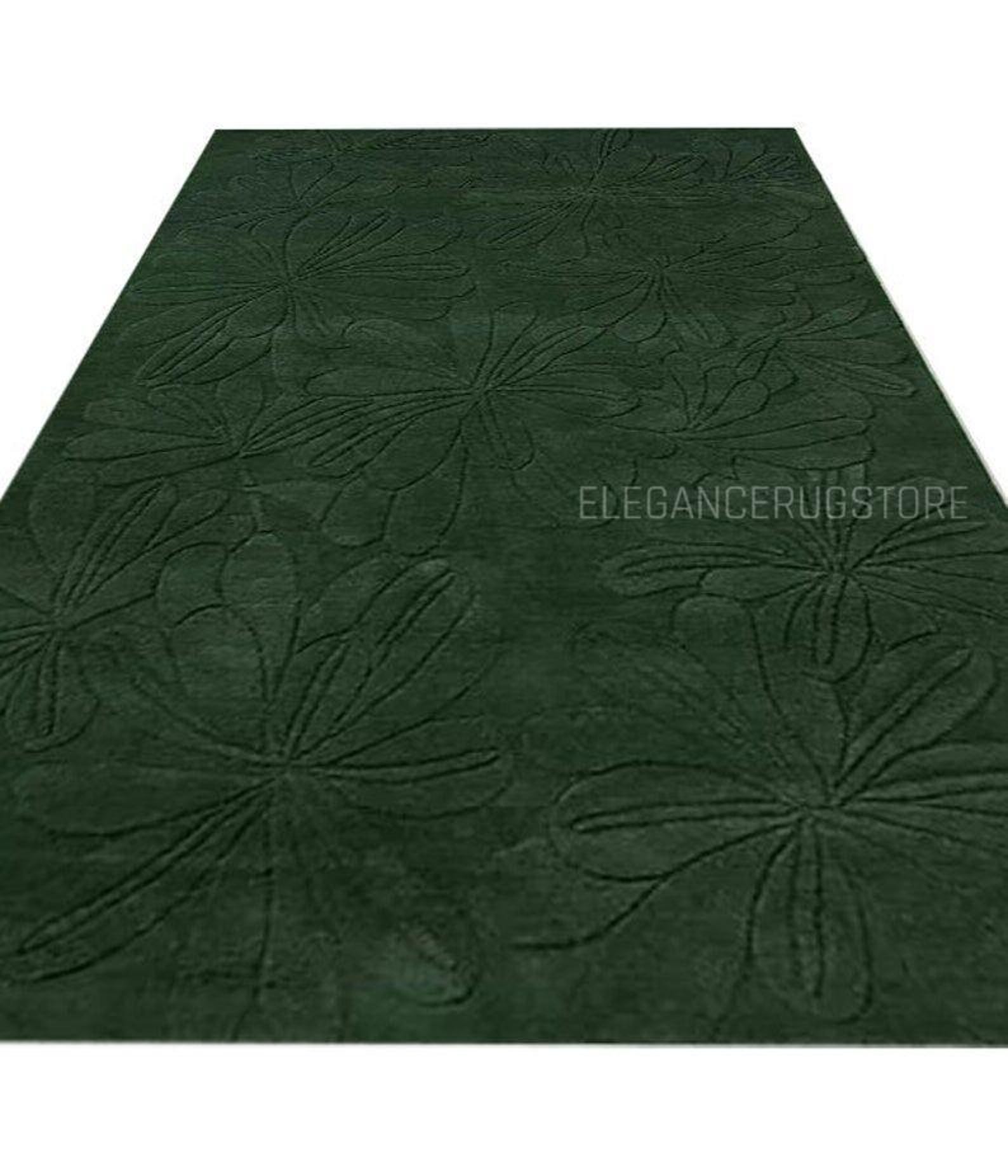 Carved Floral Green Hand-tufted Area Rug, Soft Wool Rug for Bedroom ...