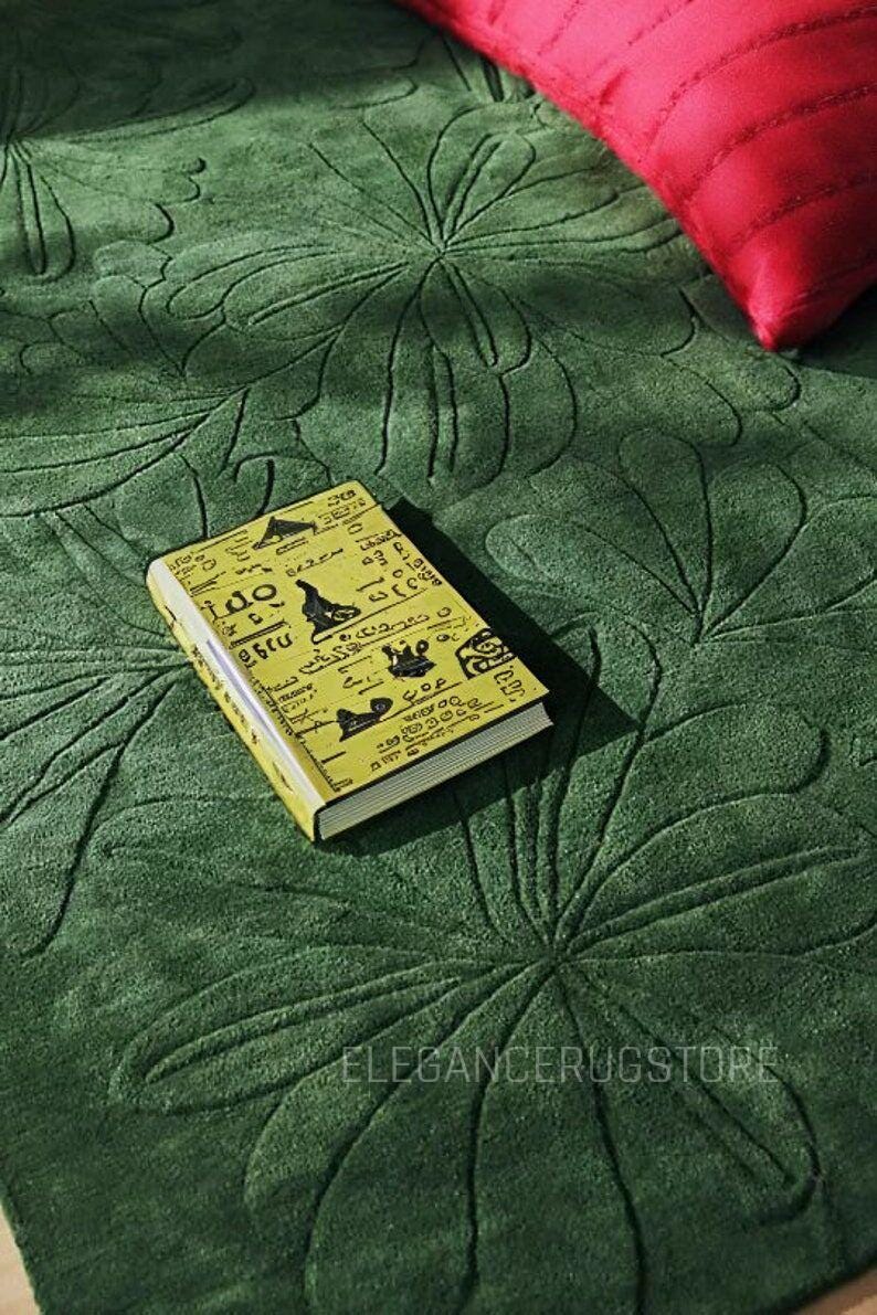 Carved Floral Green Hand-tufted Area Rug, Soft Wool Rug for Bedroom ...