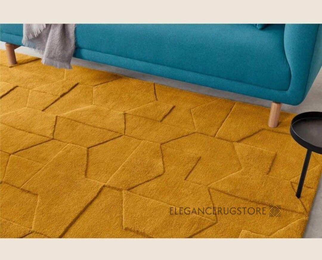 Abstract Designer Mustard Yellow Hand Tufted Wool Rug Modern Rug 3x5 ...