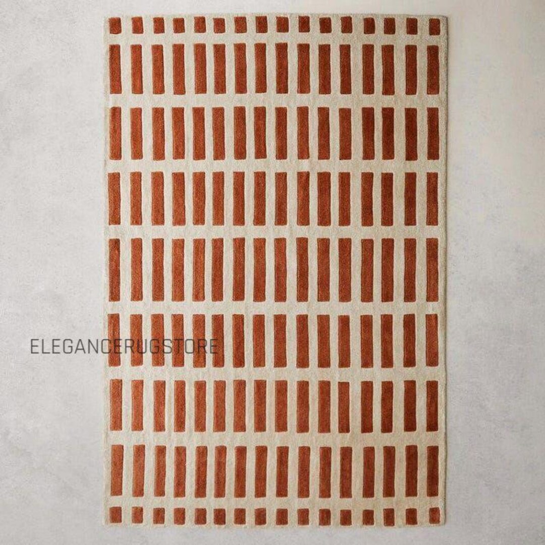 Linear Rug in Rust and Beige Color Hand Tufted Wool Rug 5x8 6x9 7x10 ...