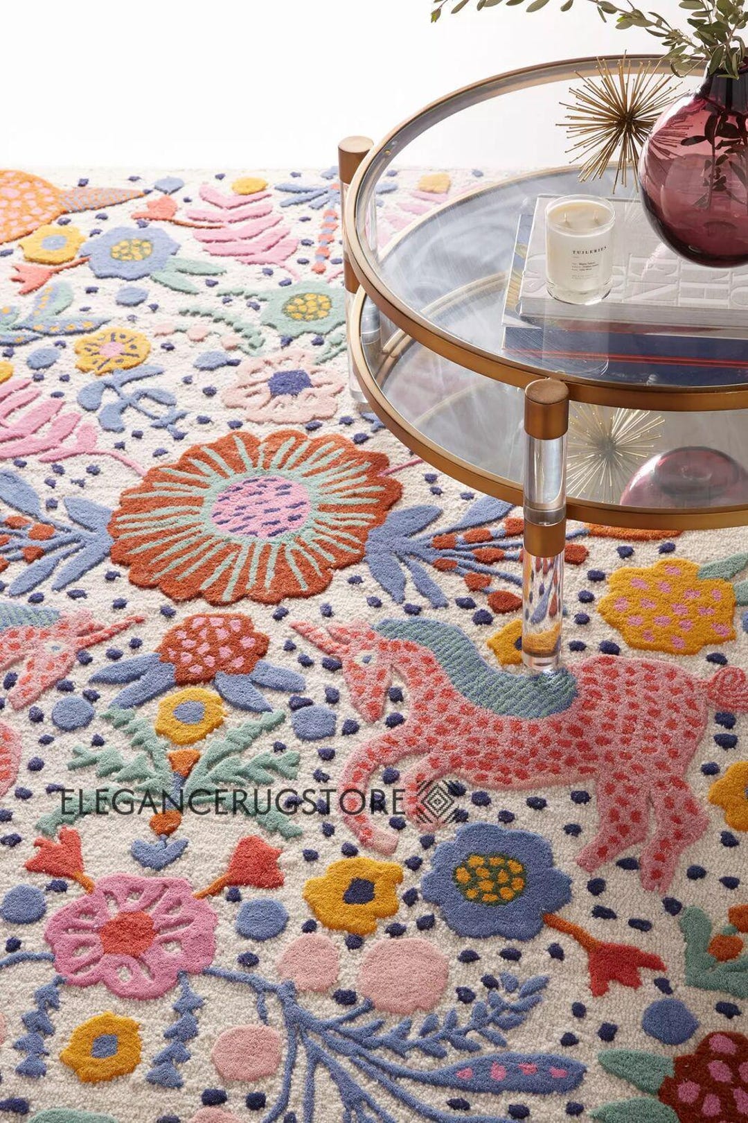 Floral Pink Unicorn Print Hand Tufted Eden Area Rug 100% Woolen High ...