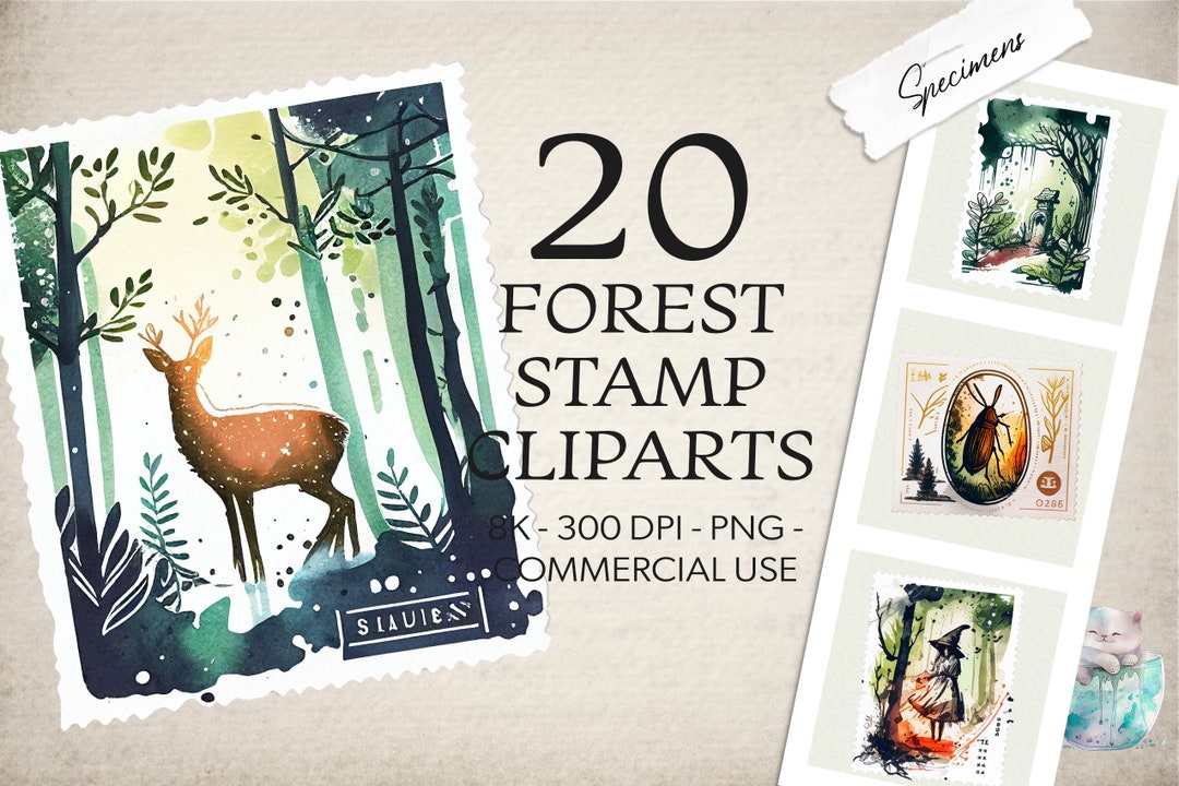 20 Cute Forest Stamp Clipart Bundle Faux Postage Crafting Scrapbooking ...
