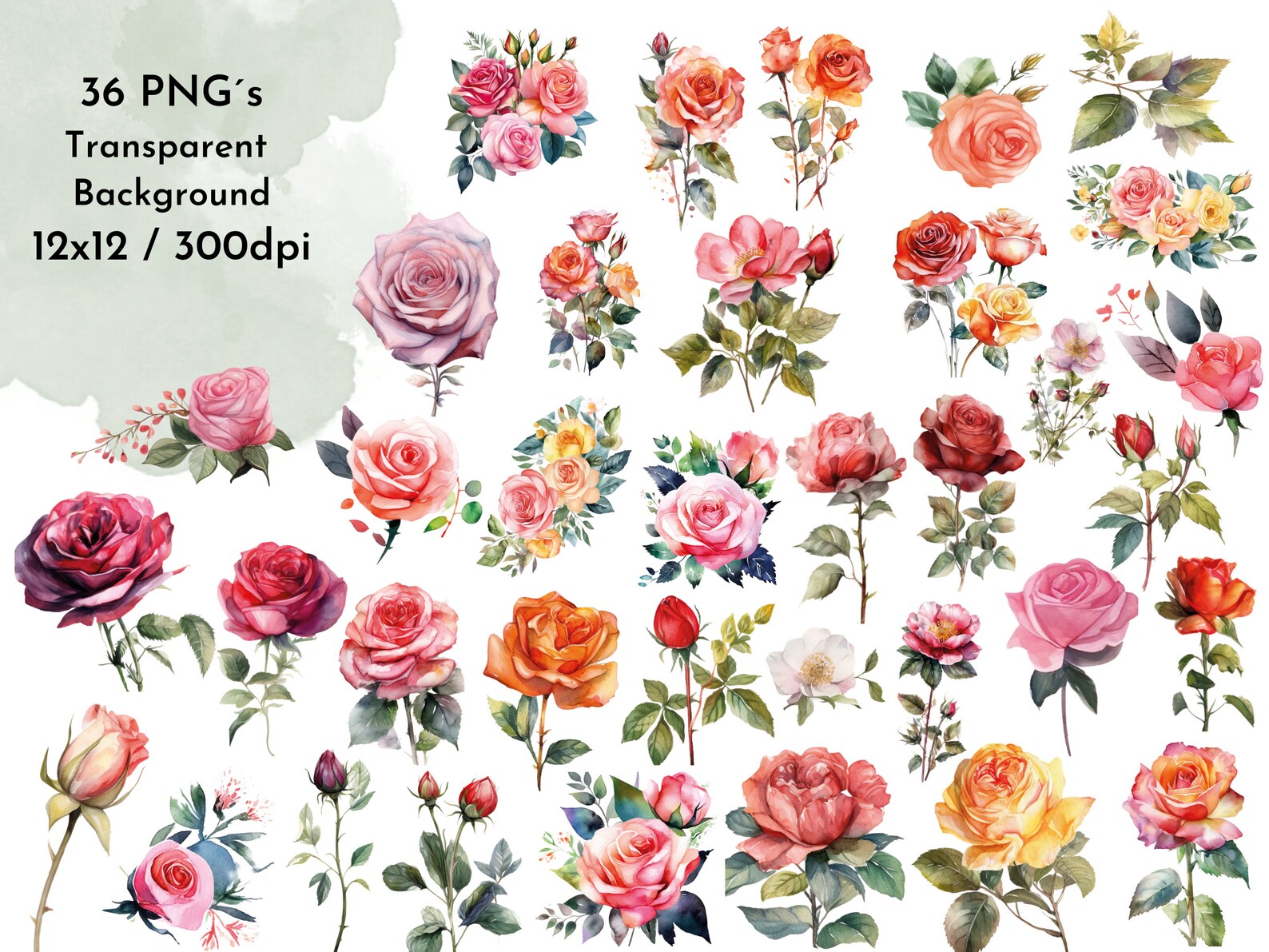 36 Roses Clipart, Flowers PNG, Watercolor Floral Clipart Bouquets ...
