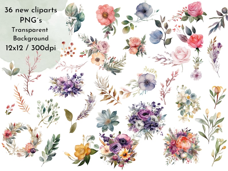 100 Flowers Bundle Clipart Flowers PNG Watercolor Floral - Etsy