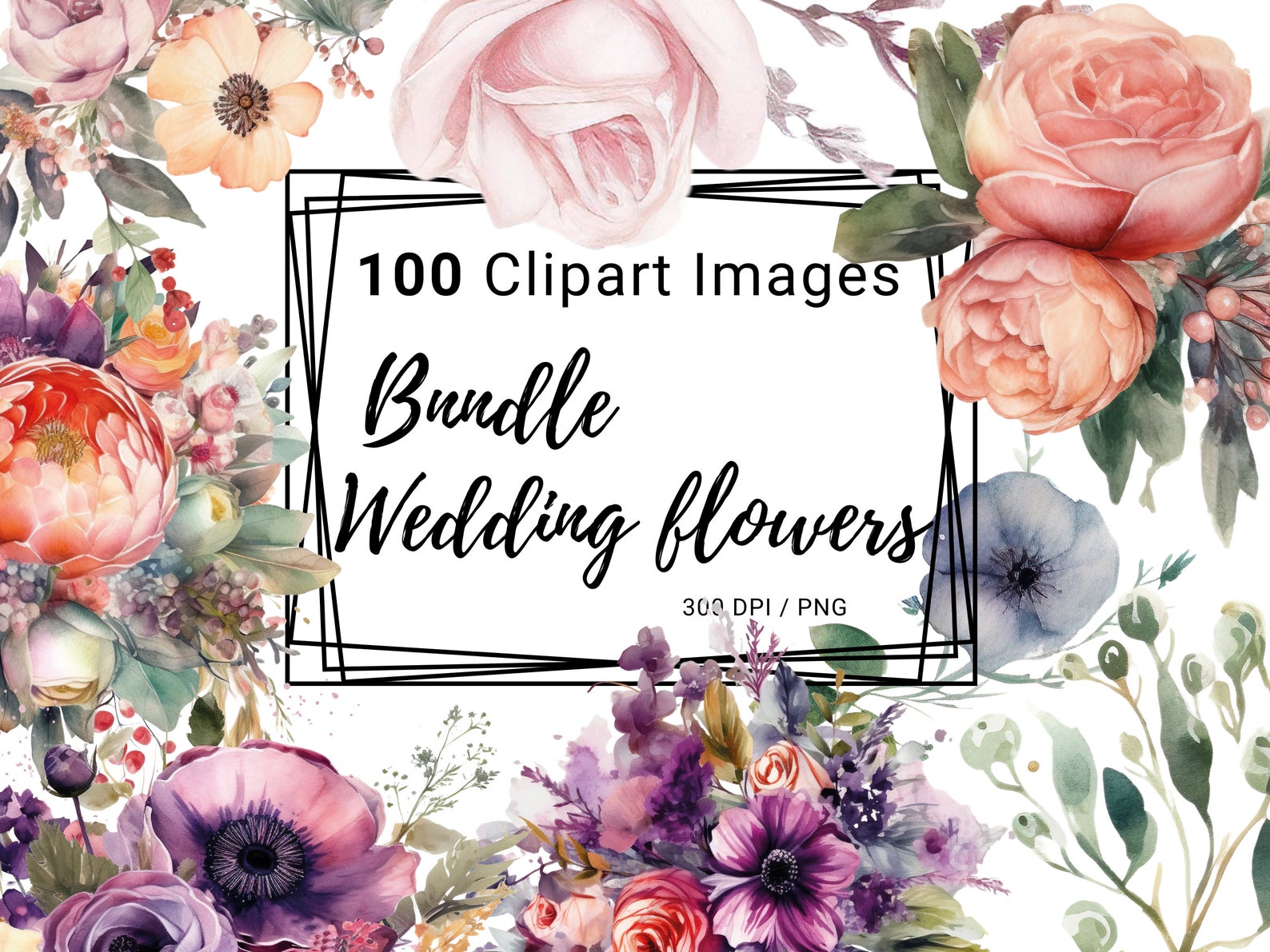 100 Flowers Bundle Clipart, Flowers PNG, Watercolor Floral Clipart ...