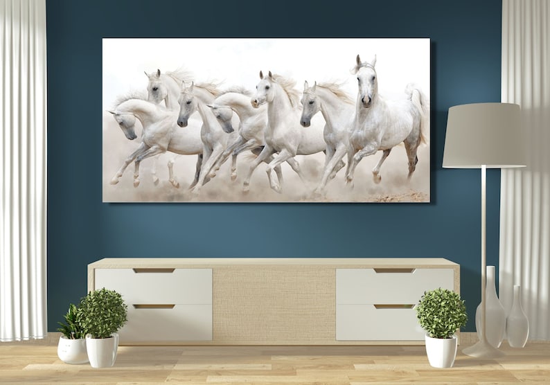 7 Running White Horses Framed Canvas Wall Art, 7 Running Horses Wall ...