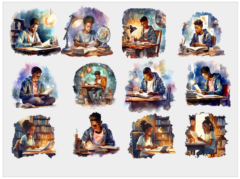 Watercolor Clip Art Teens Reading Books Volume 6 - Etsy