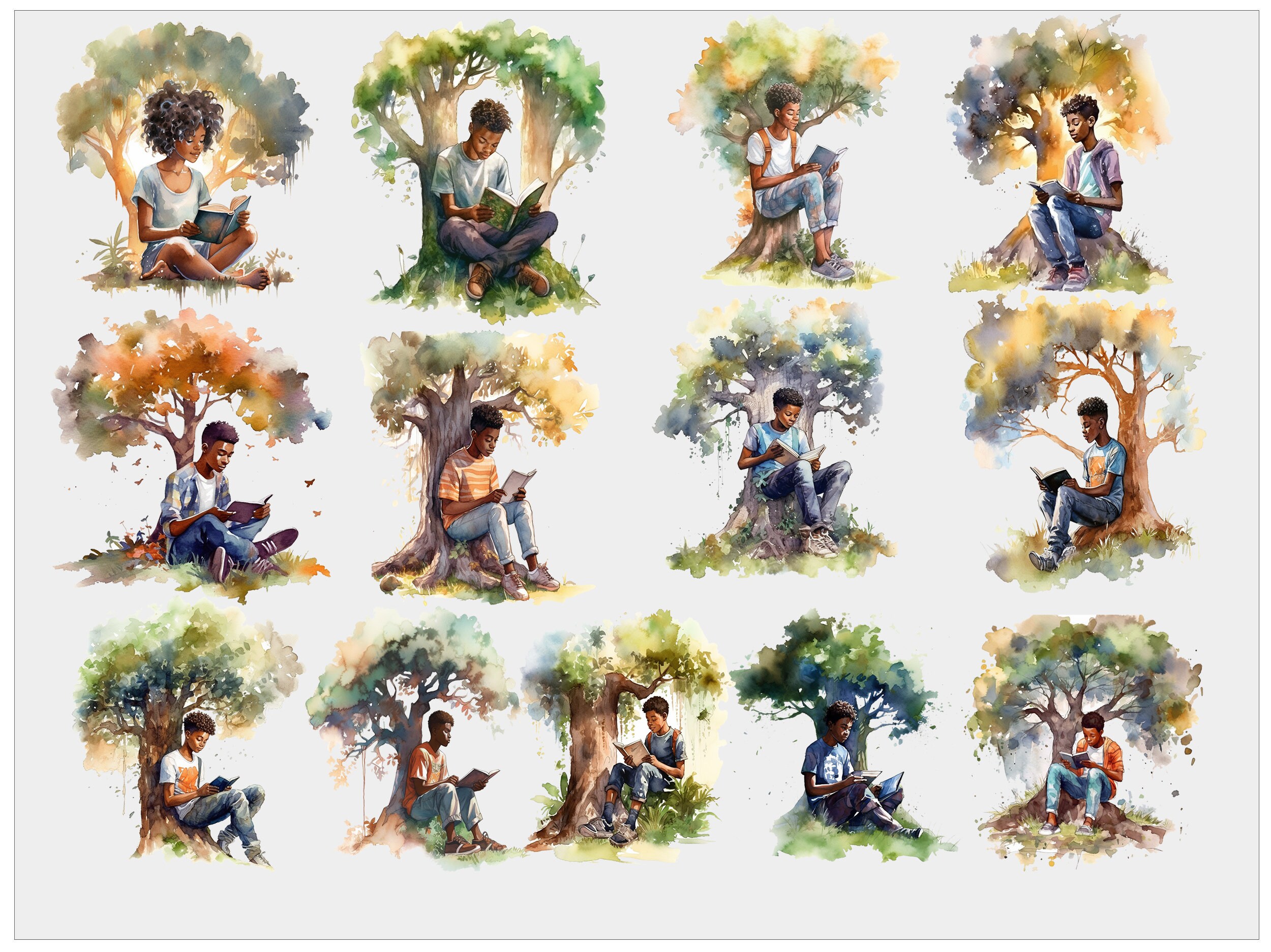 Watercolor Clip Art Teens Reading Books Volume 3 - Etsy