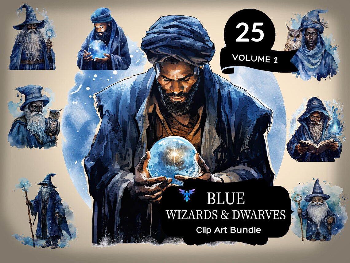 Watercolor Clip Art Blue Wizards & Dwarves Volume 1 - Etsy