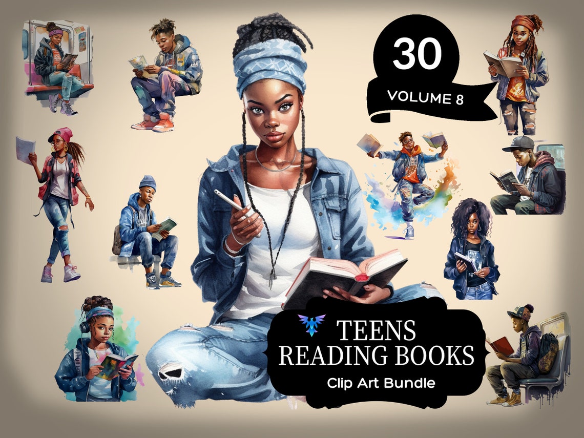Watercolor Clip Art Teens Reading Books Volume 8 - Etsy