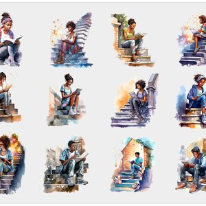 Watercolor Clip Art Teens Reading Books - Etsy