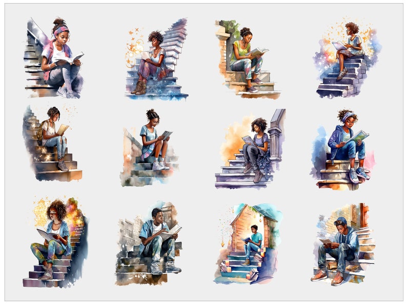 Watercolor Clip Art Teens Reading Books - Etsy