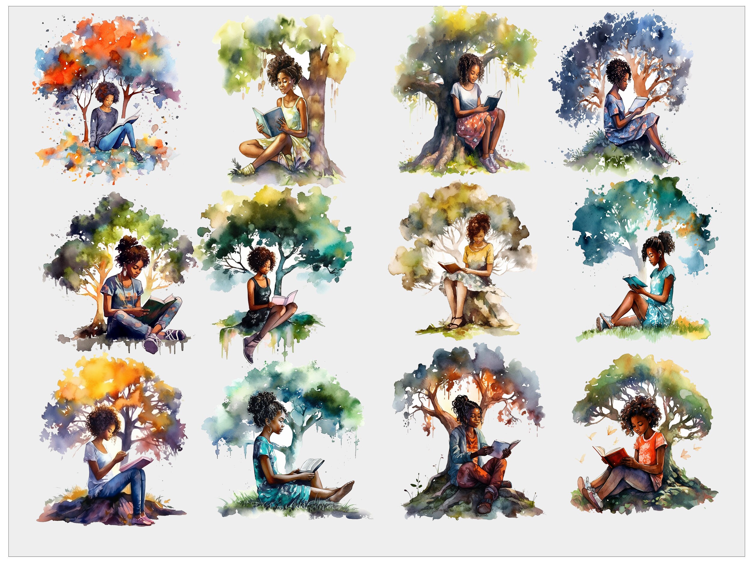 Watercolor Clip Art Teens Reading Books Volume 3 - Etsy