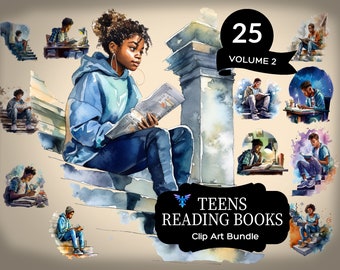 Watercolor Clip Art Teens Reading Books Volume 7 - Etsy