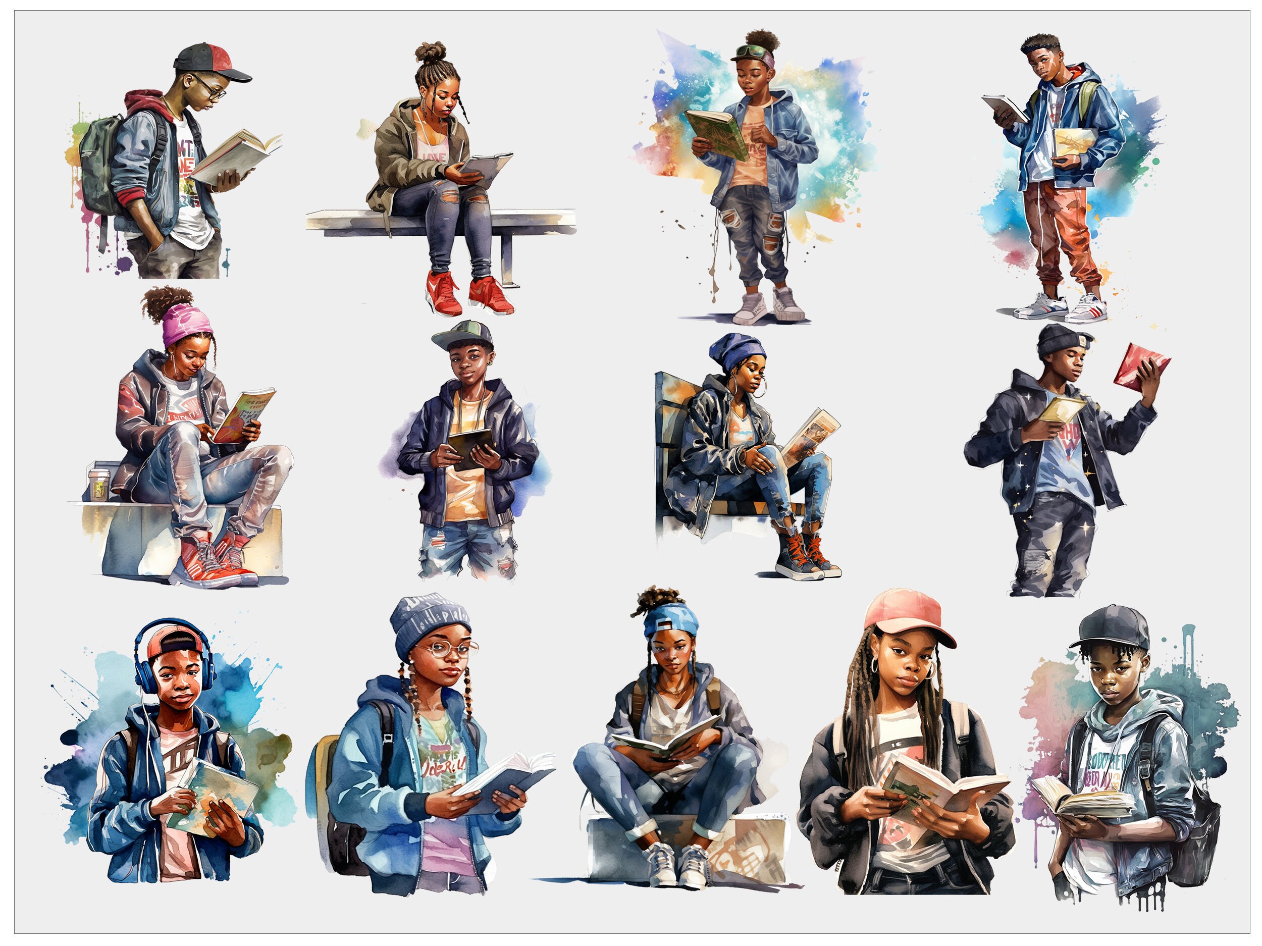 Watercolor Clip Art Teens Reading Books Volume 7 - Etsy