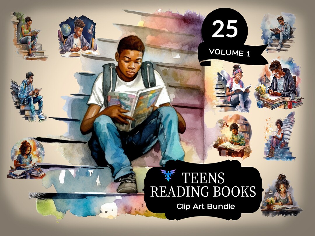 Watercolor Clip Art Teens Reading Books - Etsy