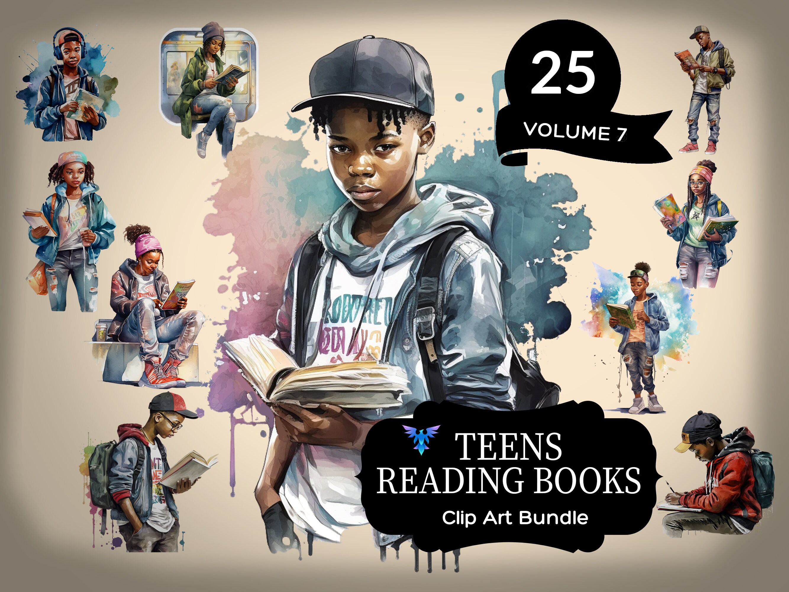 Watercolor Clip Art Teens Reading Books Volume 7 - Etsy