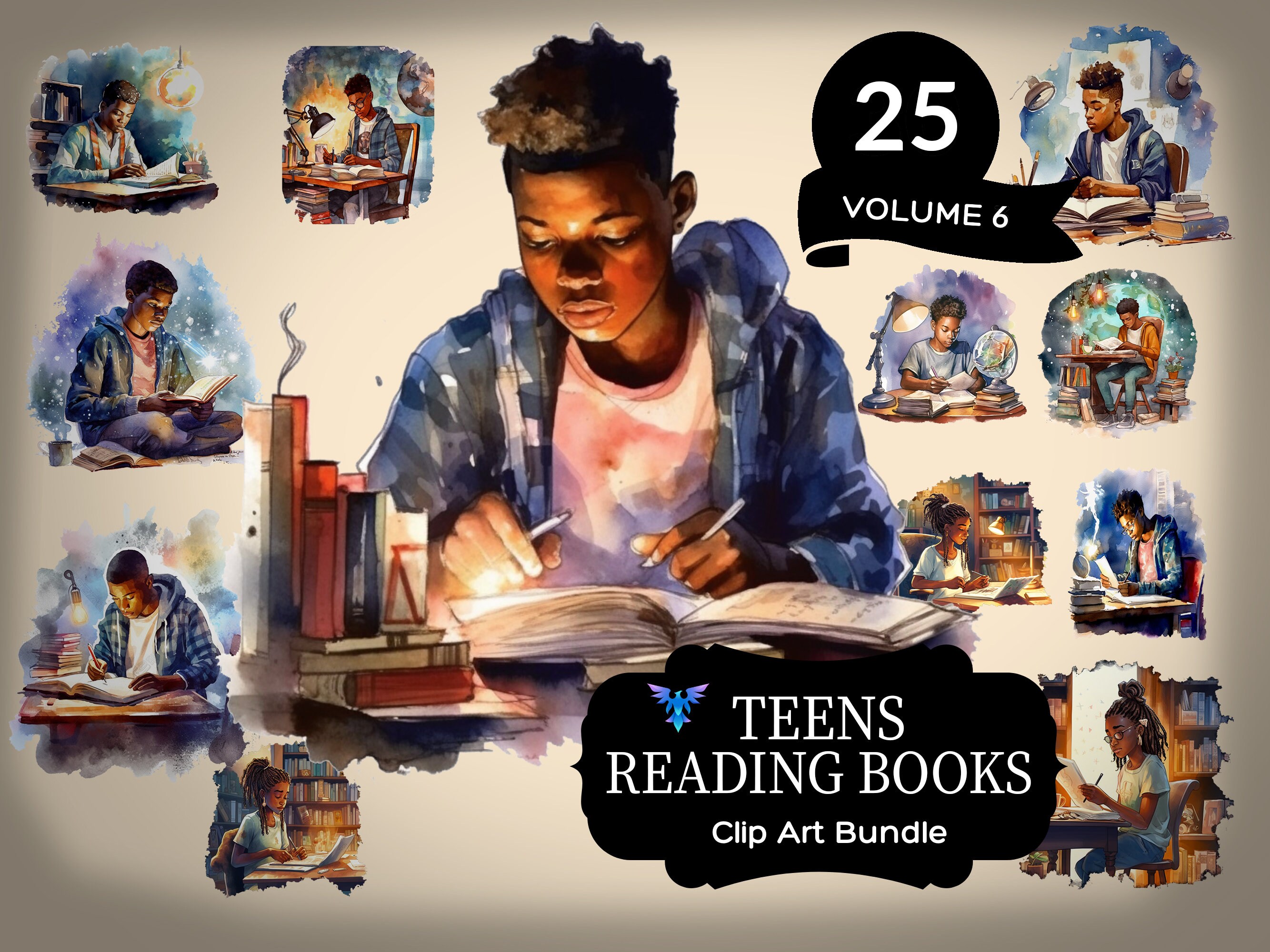 Watercolor Clip Art Teens Reading Books Volume 6 - Etsy