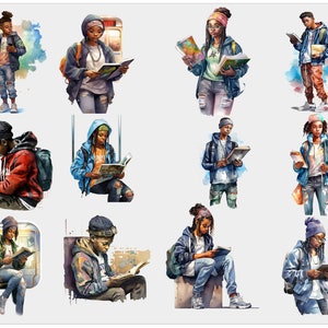 Watercolor Clip Art Teens Reading Books Volume 7 - Etsy