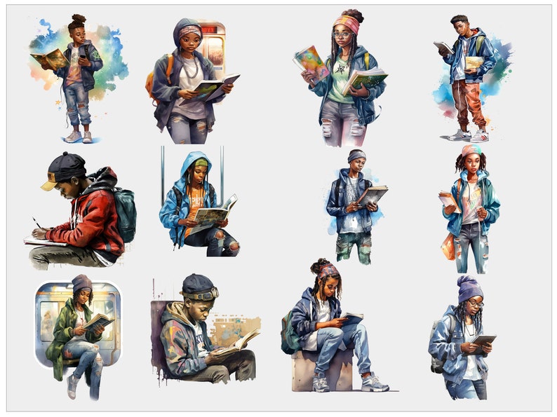 Watercolor Clip Art Teens Reading Books Volume 7 - Etsy