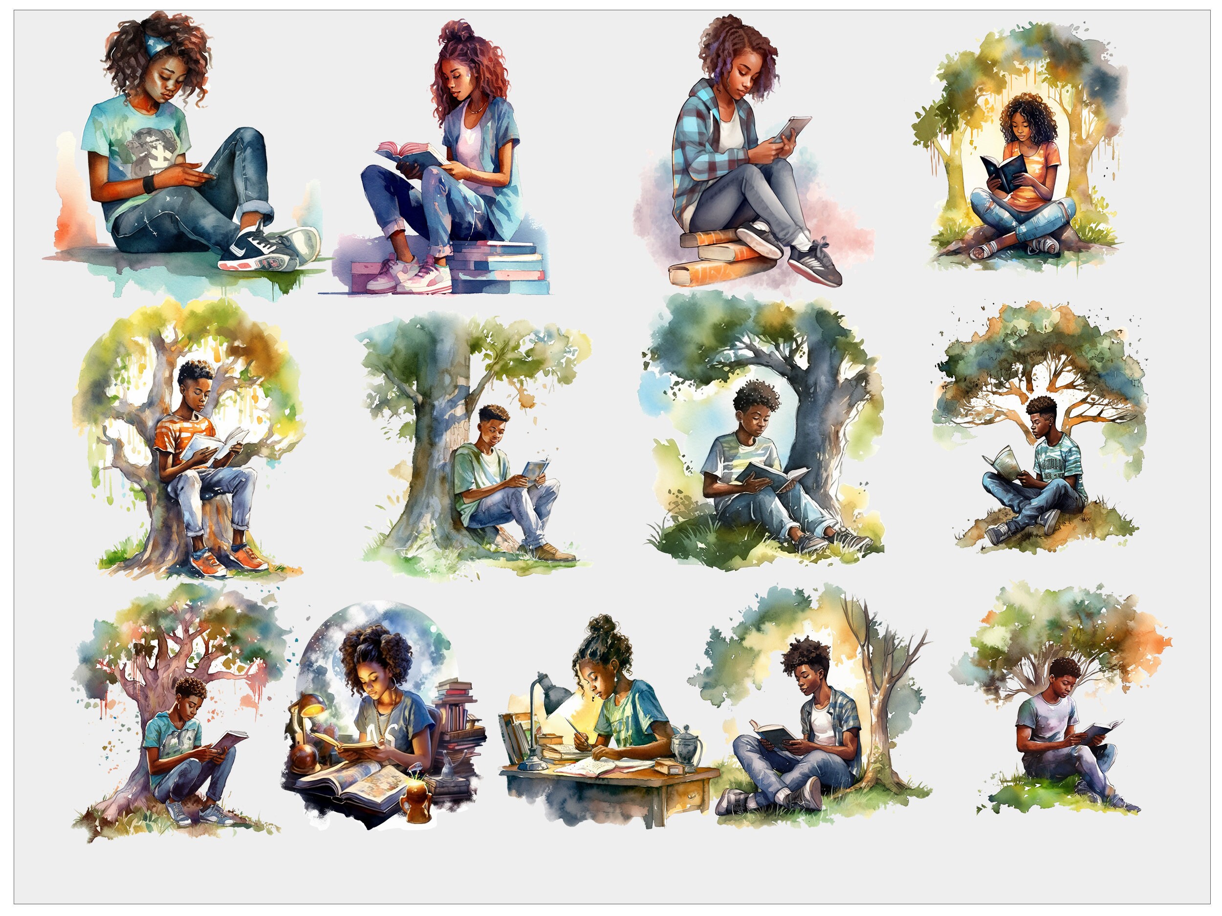 Watercolor Clip Art Teens Reading Books Volume 4 - Etsy