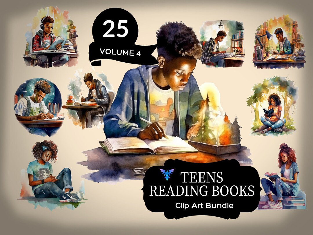 Watercolor Clip Art Teens Reading Books Volume 4 - Etsy