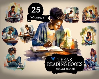 Watercolor Clip Art Teens Reading Books Volume 7 - Etsy