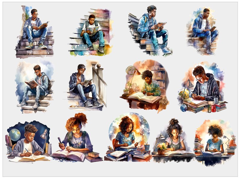 Watercolor Clip Art Teens Reading Books - Etsy