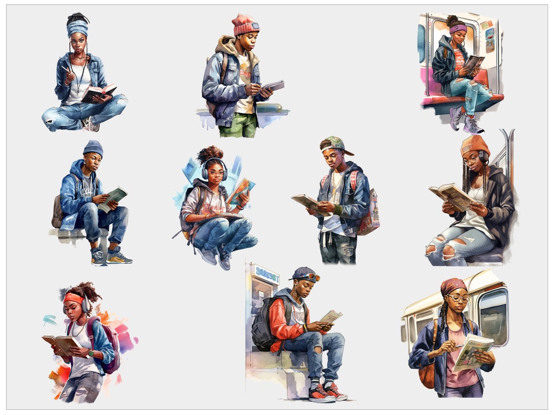 Watercolor Clip Art Teens Reading Books Volume 8 - Etsy
