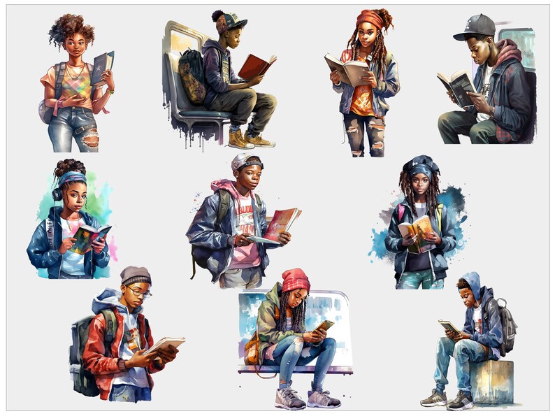 Watercolor Clip Art Teens Reading Books Volume 8 - Etsy