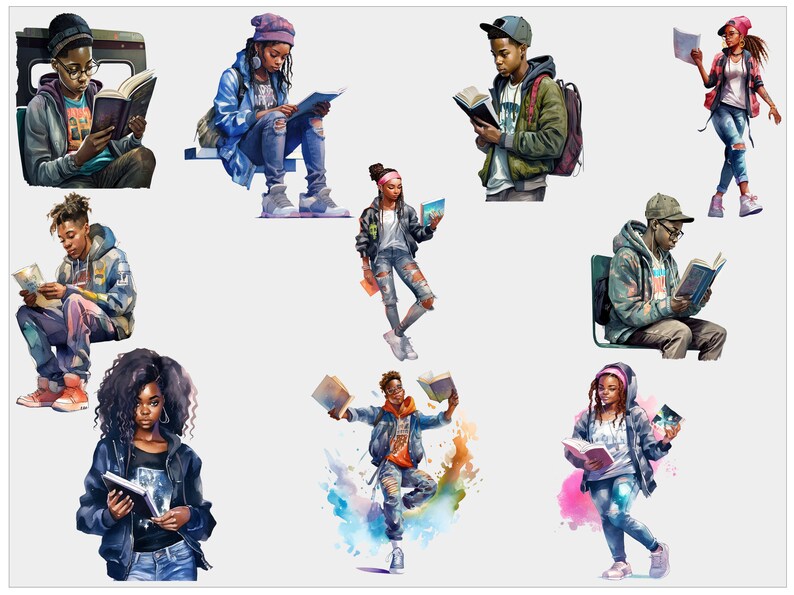 Watercolor Clip Art Teens Reading Books Volume 8 - Etsy