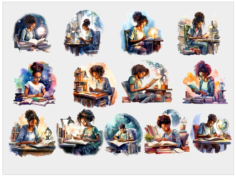 Watercolor Clip Art Teens Reading Books Volume 6 - Etsy