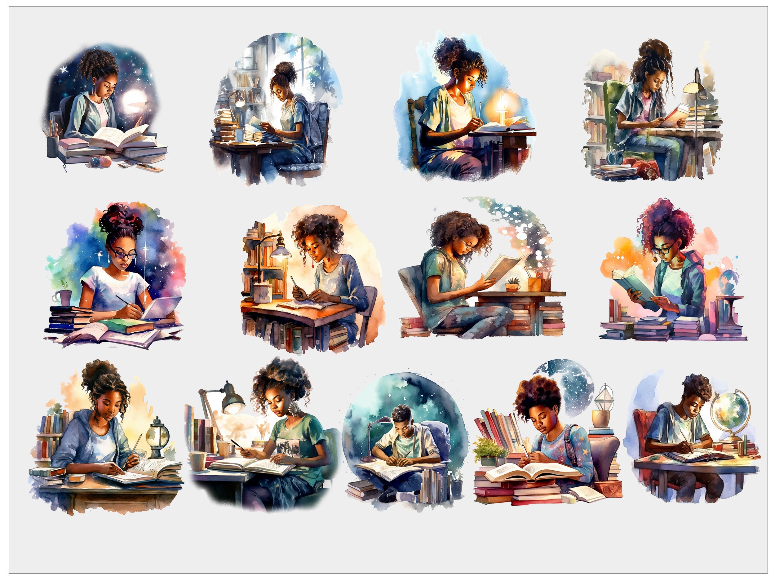 Watercolor Clip Art Teens Reading Books Volume 6 - Etsy