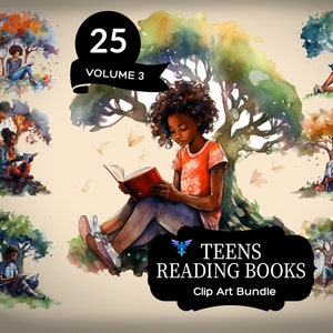 Watercolor Clip Art Teens Reading Books Volume 3 - Etsy