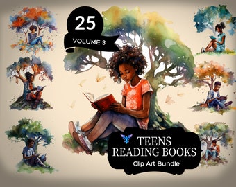 Watercolor Clip Art Teens Reading Books Volume 6 - Etsy
